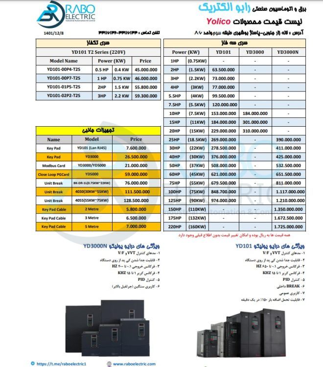 لیست قیمت اینورترهای یولیکو Yolico - رابو الکتریک